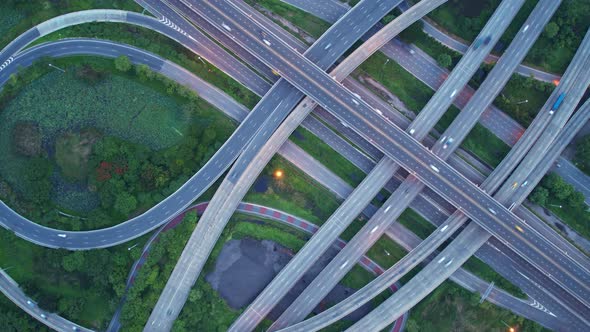 drone flying over interchange and multi junction road, Stock Footage