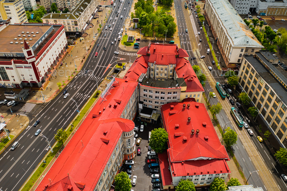 Top view of the historical center of Minsk and Yakub Kolas Square.Old ...