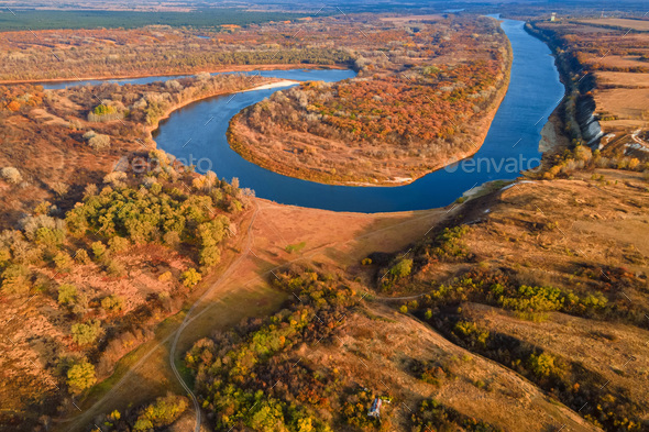 Bend of the Don River in the upper reaches of the river from drone ...