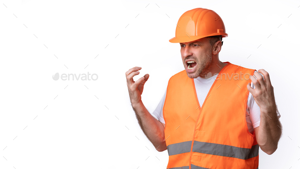 Mad Construction Worker Shouting Emotionally Standing Over White ...