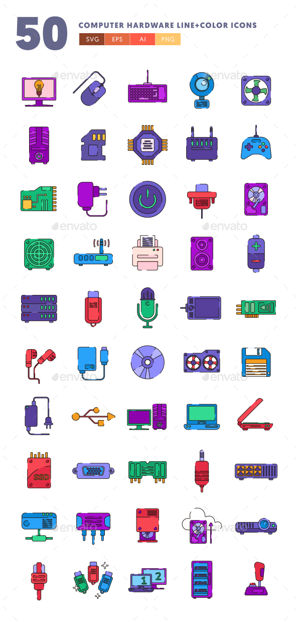 50 Computer Hardware Line & Color Icons, Icons | GraphicRiver