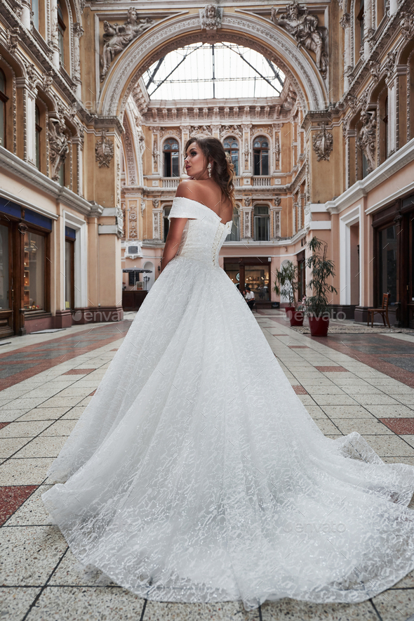 Beautiful, elegant bride with a perfect wedding dress, poses around ...