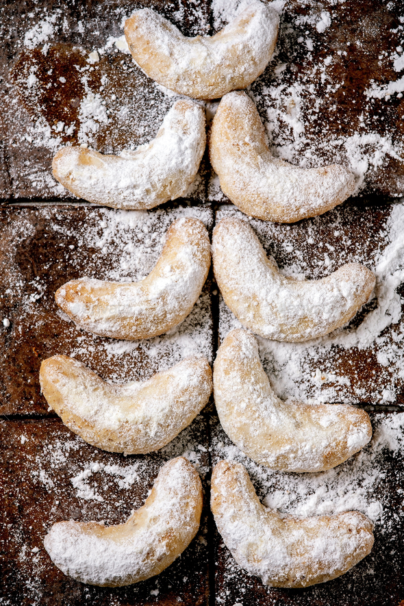Christmas shortcrust cookies vanilla crescents with icing sugar. Top ...