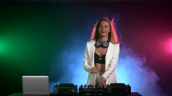 Beautiful, Charming, Smiling Dj Girl in White Jacket, Headphones ...