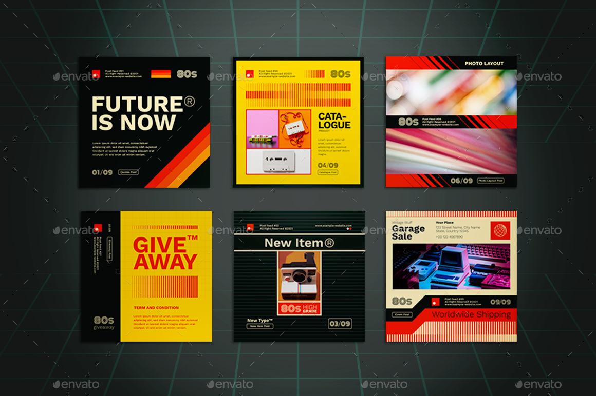 80s Retro Style Social Media Pack, Web Elements | GraphicRiver