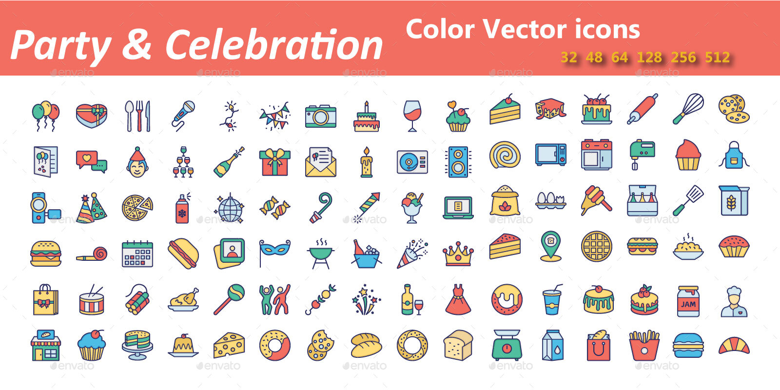 Party & Celebration Flat Vector Icons Pack, Icons | GraphicRiver