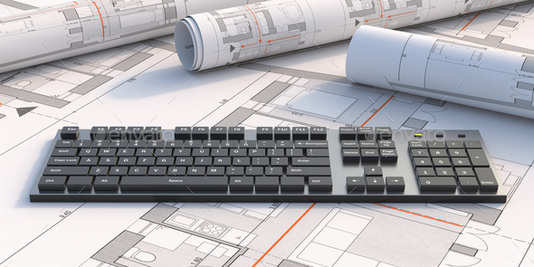 Computer keyboard on blueprint plans background. 3d illustration Stock ...