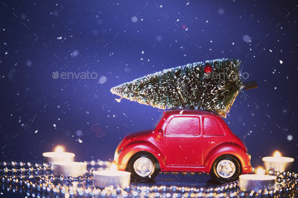 Christmas red car in snowfall Stock Photo by erika8213 | PhotoDune