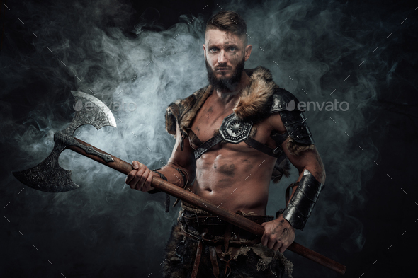 Violent viking warrior holding his two handed axe in fog Stock Photo by ...
