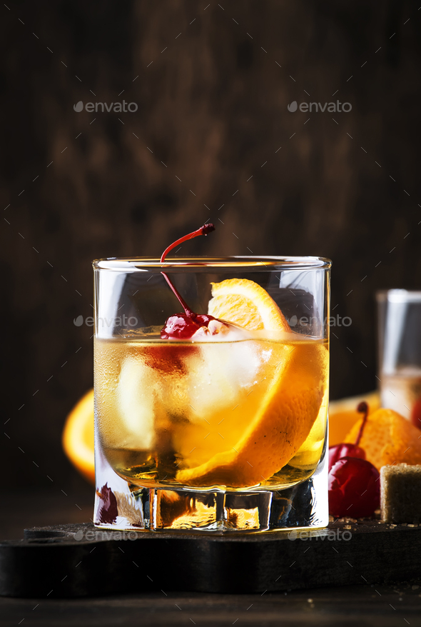 Old Fashioned - classic alcoholic cocktail with bourbon whiskey, bitter ...