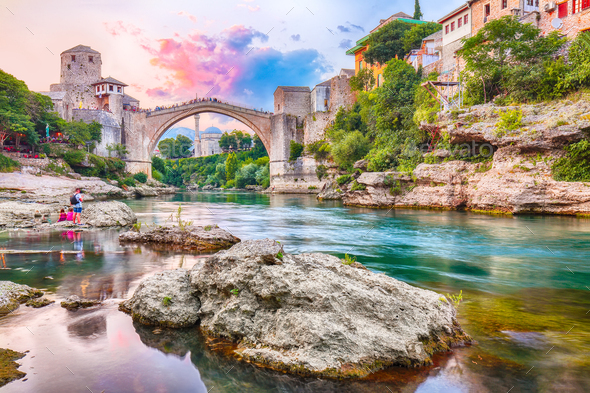 Fantastic Skyline of Mostar with the Mostar Bridge, houses and minarets ...