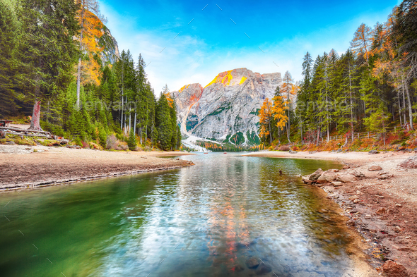Amazing scenery of famous alpine lake Braies at autumn Stock Photo by ...
