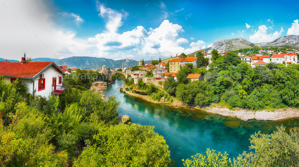 Fantastic Skyline of Mostar with the Mostar Bridge, houses and minarets ...