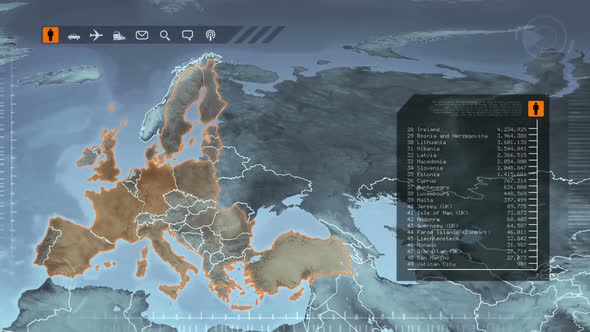 World map with European statistics: Population, Airports, Routes and ...