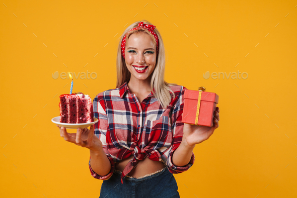 Image of happy pinup girl posing with gift box and birthday cake Stock ...