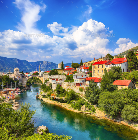 Fantastic Skyline of Mostar with the Mostar Bridge, houses and minarets ...
