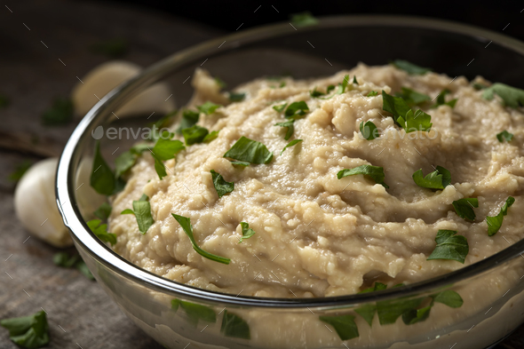 Smashed beans with garlic and herbs Stock Photo by Sebastian_Studio