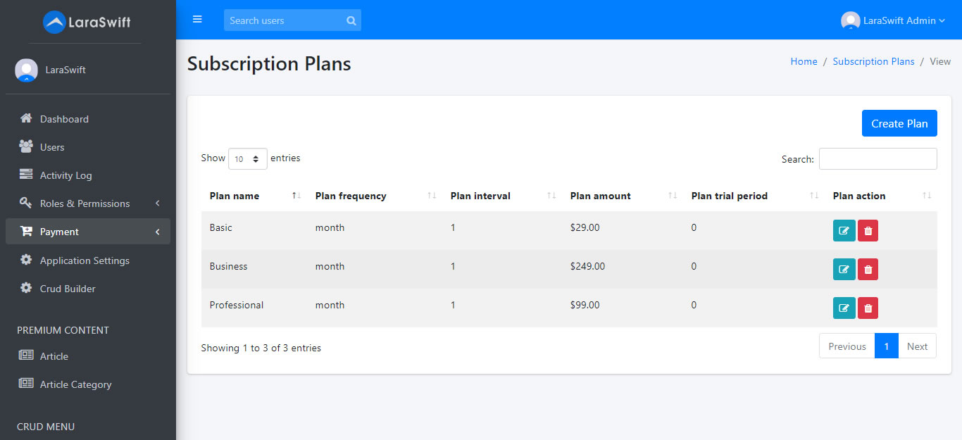 Laraswift Saas Laravel Admin And User Dashboard Crud Builder Stripe Recurring Payment By