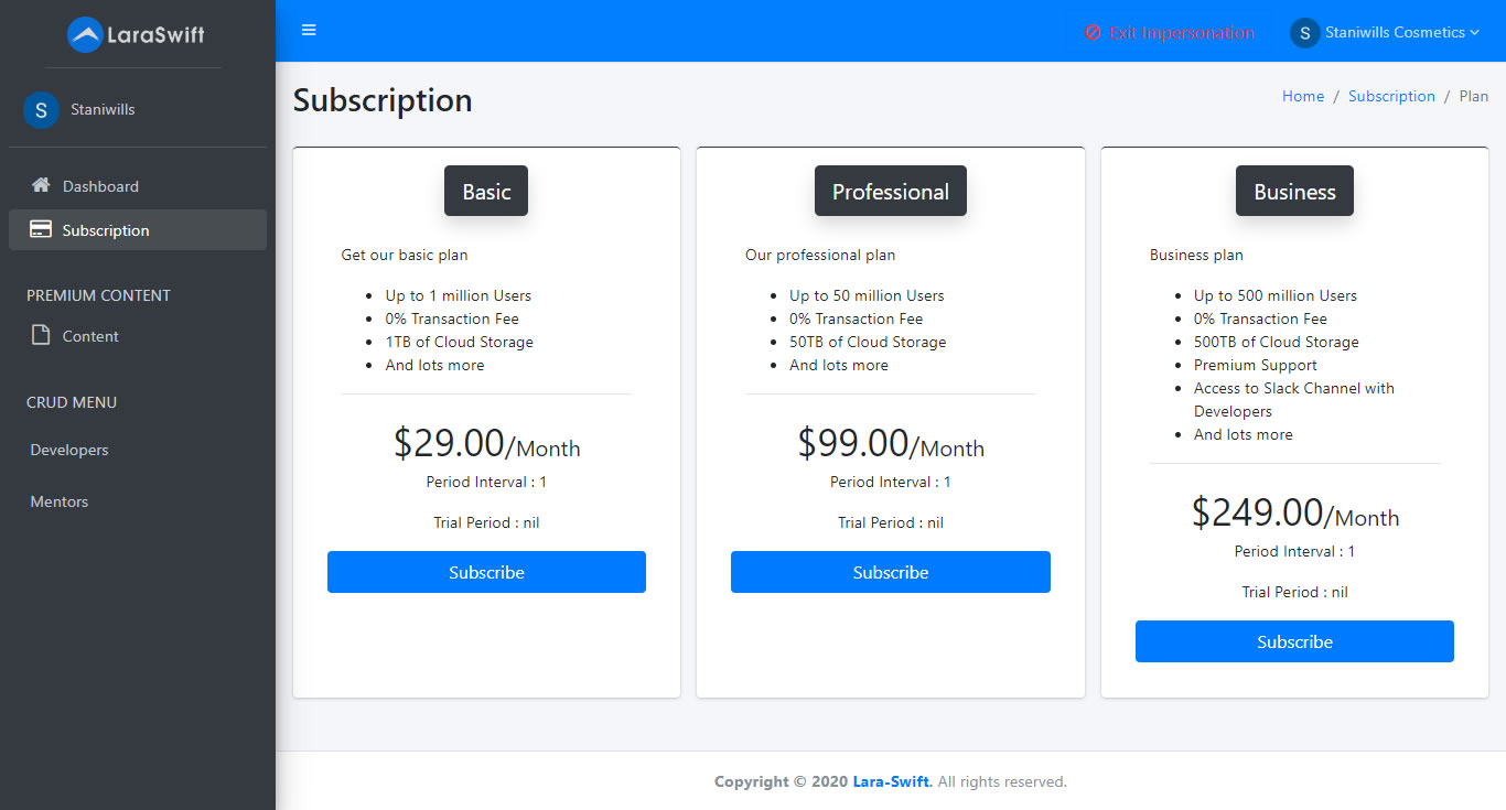 Laraswift Saas Laravel Admin And User Dashboard Crud Builder Stripe Recurring Payment By