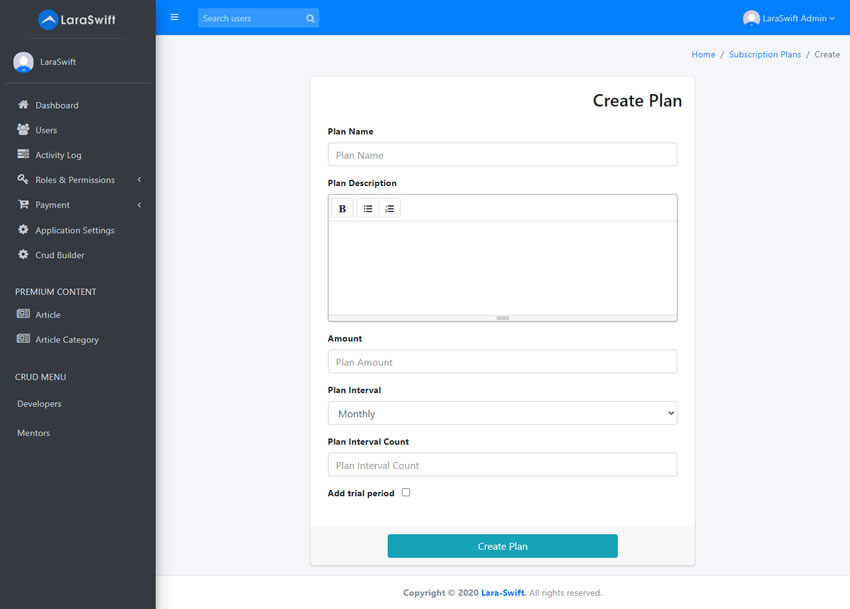 LaraSwift SaaS– Laravel Admin & User Dashboard + CRUD Builder + Stripe Recurring Payment by ...