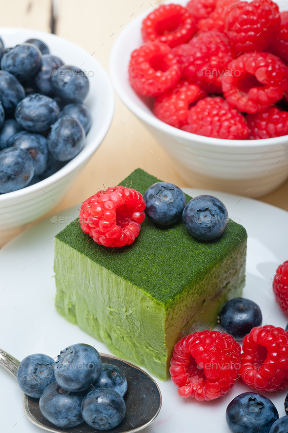 green tea matcha mousse cake with berries Stock Photo by keko64 | PhotoDune