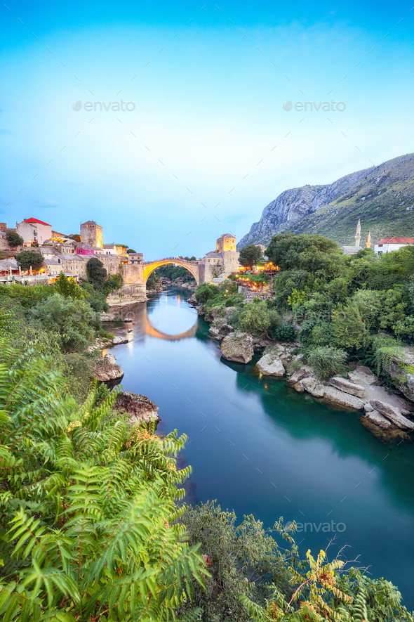 Majestic evening view of Mostar with the Mostar Bridge, houses and ...