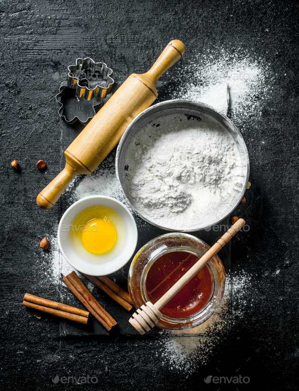 Baking background. Flour with honey, cinnamon and egg. Stock Photo by ...
