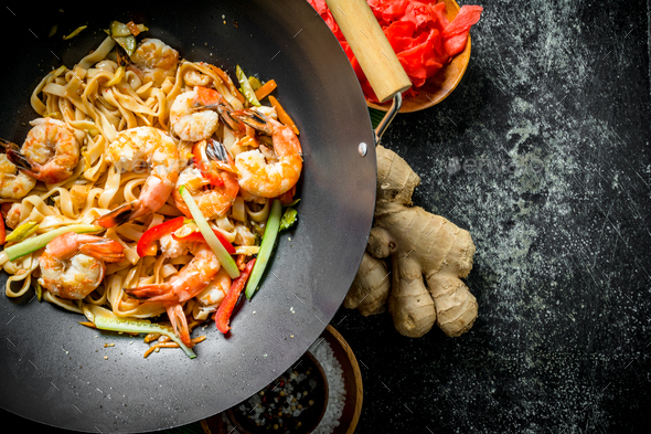 Chinese wok pasta with shrimp and fresh vegetables. Stock Photo by ...