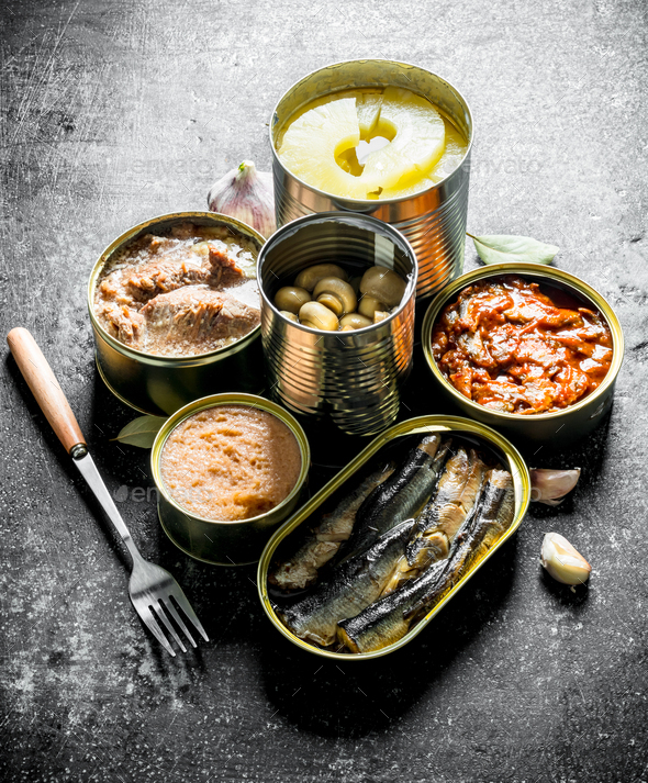 Set of different types of cans of canned food. Stock Photo by Artem_ka2