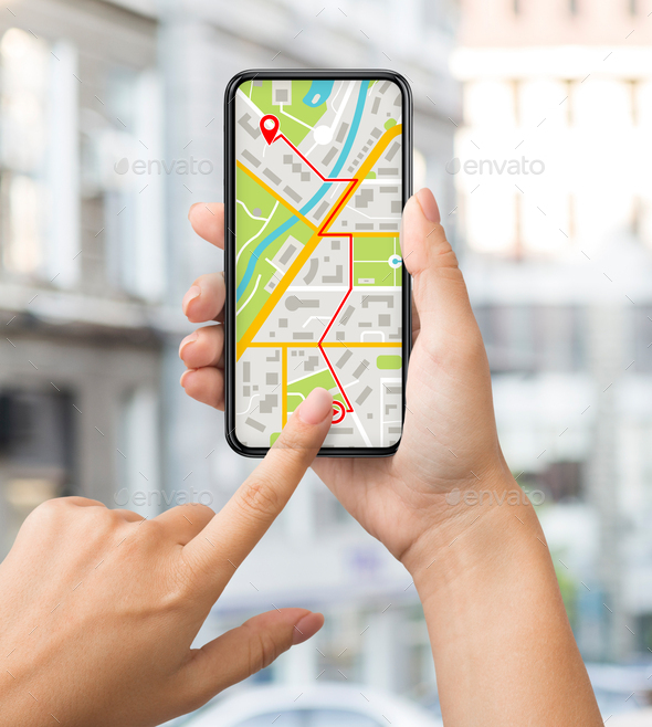 Navigation App With Street Map Opened On Smartphone In Female Hands ...