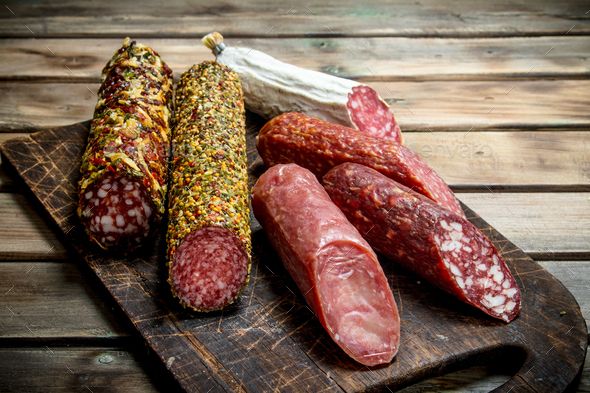 The range of different types of salami. Stock Photo by Artem_ka2 ...