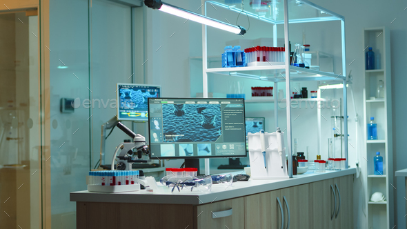 Interior of empty science laboratory during night Stock Photo by DC_Studio