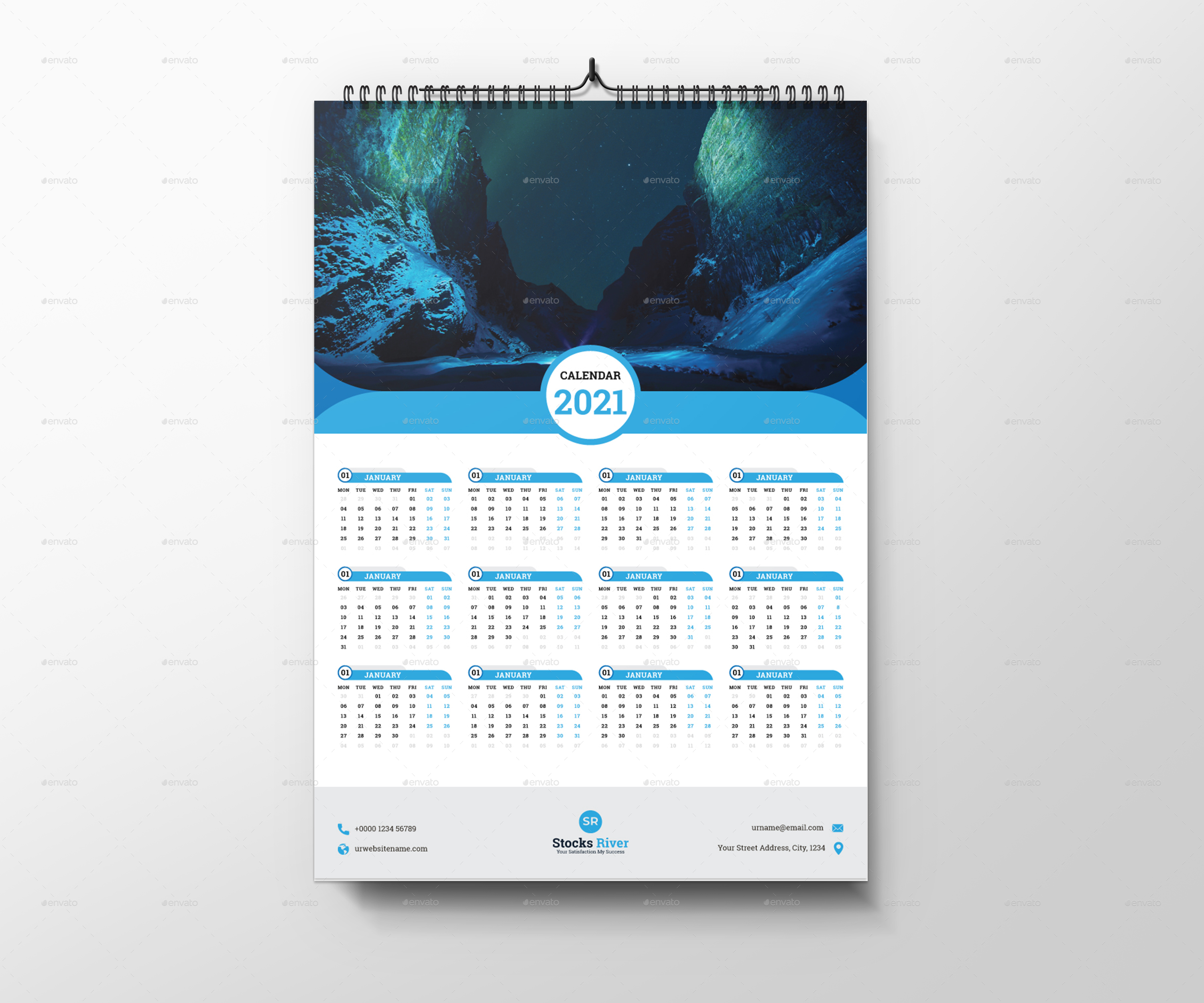One Page Wall Calendar 2021, Print Templates | GraphicRiver