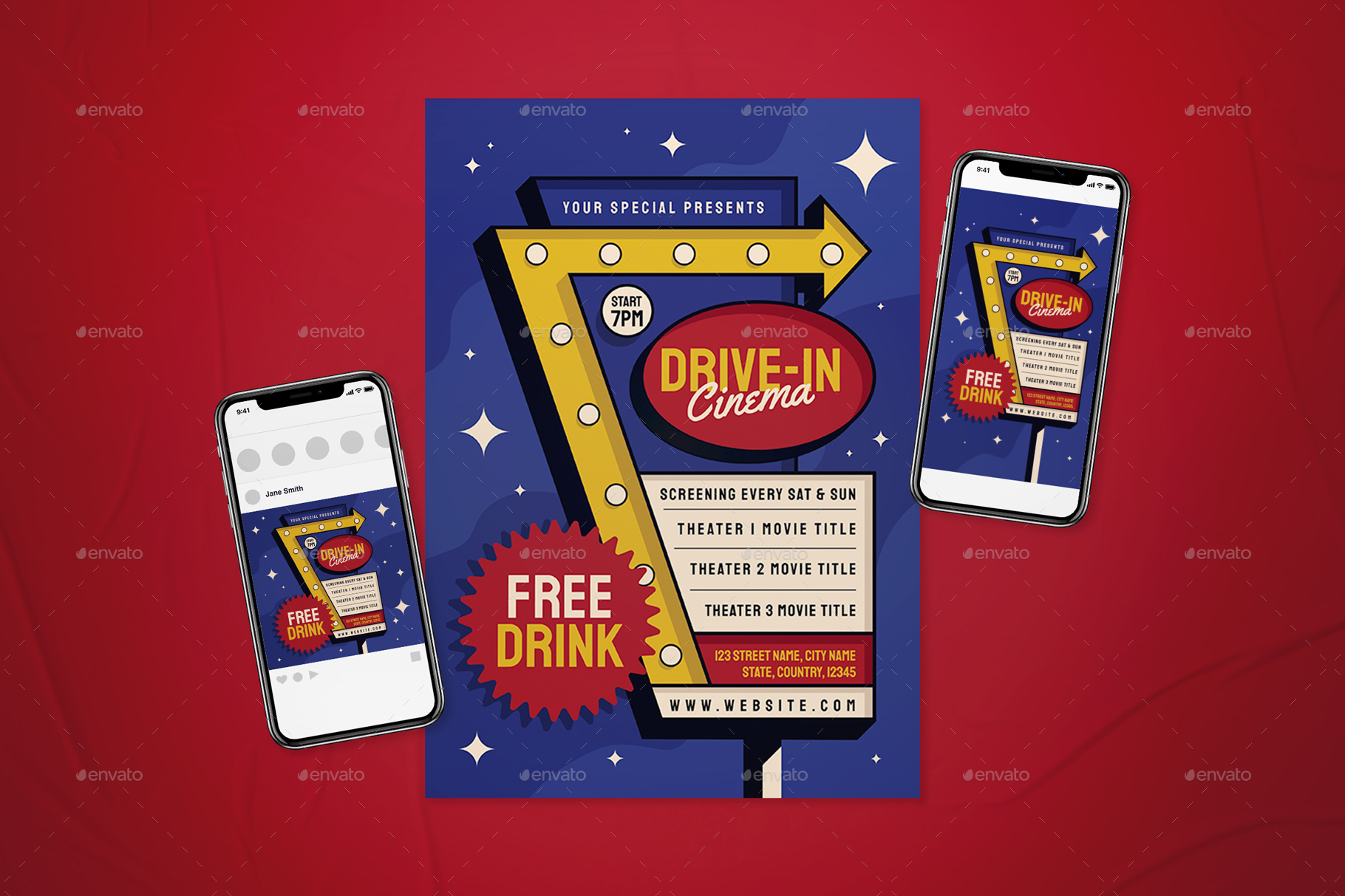 Retro Drive In Cinema Flyer Set, Print Templates | GraphicRiver