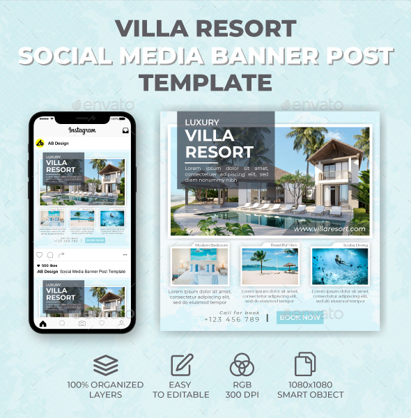 Villa Resort Social Media Banner Post Template, Web Elements | GraphicRiver