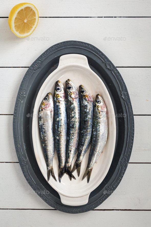 Top down view of fresh, raw sardines on a white and grey plate Stock ...