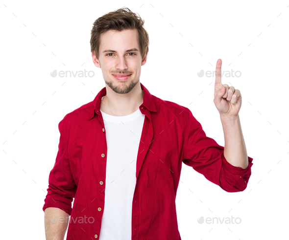 Man pointing showing copy space isolated on white background Stock ...
