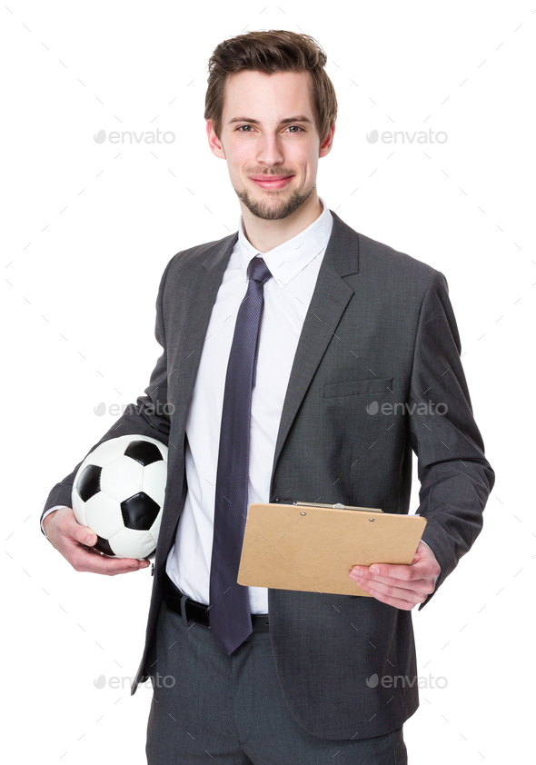 Soccer manager hold with strategy plan and soccer ball Stock Photo by ...