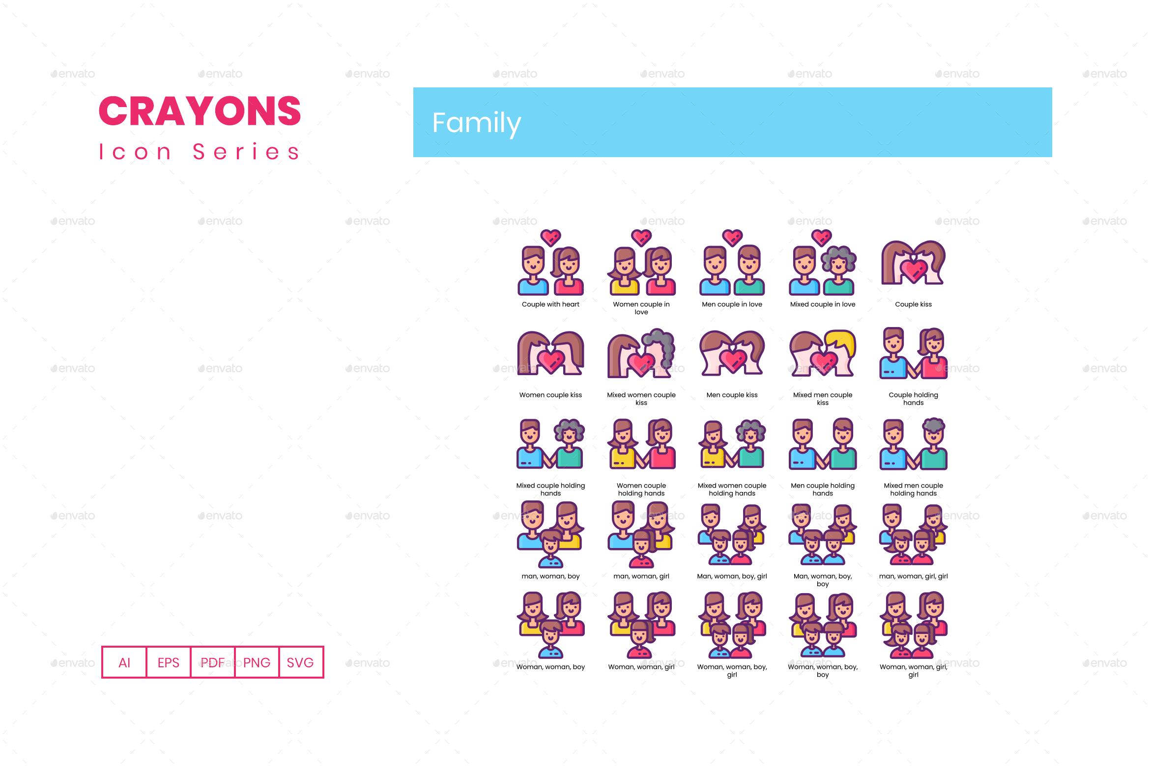 50 Family Icons | Crayons Series, Icons | GraphicRiver