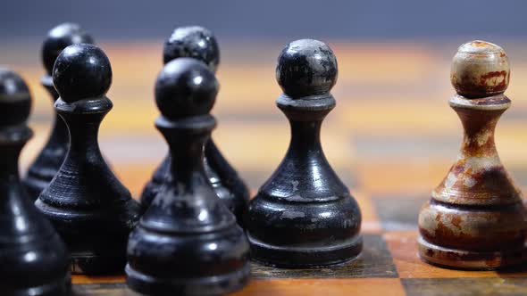 Ancient Old Chess Pawns Pieces on Wooden Chessboard, Stock Footage