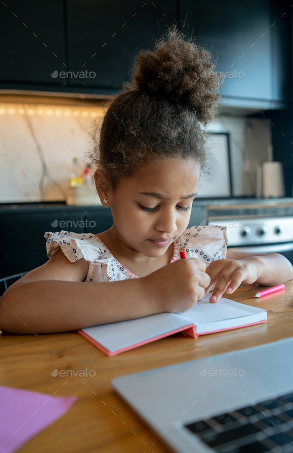 Little girl doing homeschool with laptop. Stock Photo by megostudio