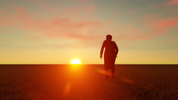 Old Woman Walking On Sunset Landscape , Motion Graphics | VideoHive