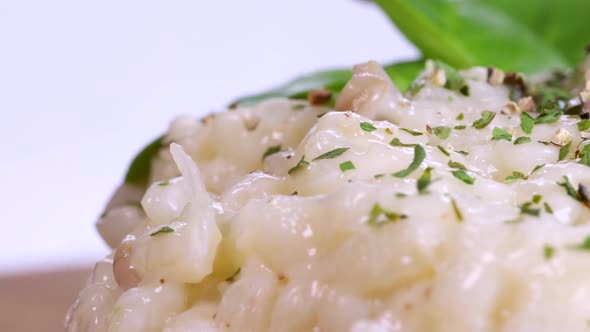 Macro shot of homemade risotto rotating, close up view in 4k. Beautiful ...