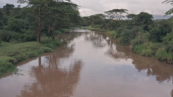 Aerial drone view of Kenyan river landscape scenery in Laikipia, Kenya ...