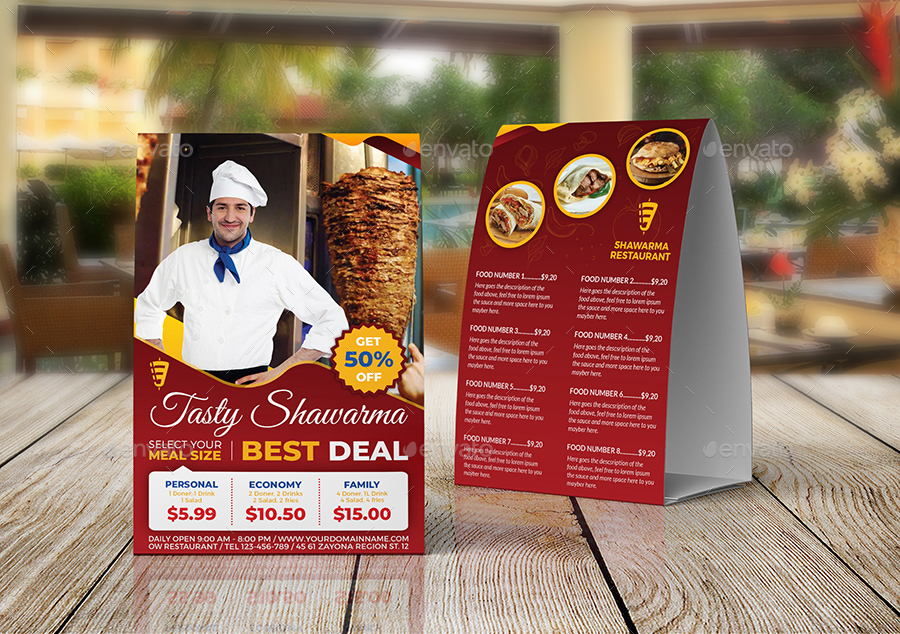Shawarma Restaurant Table Tent - Food Menu Template, Print Templates