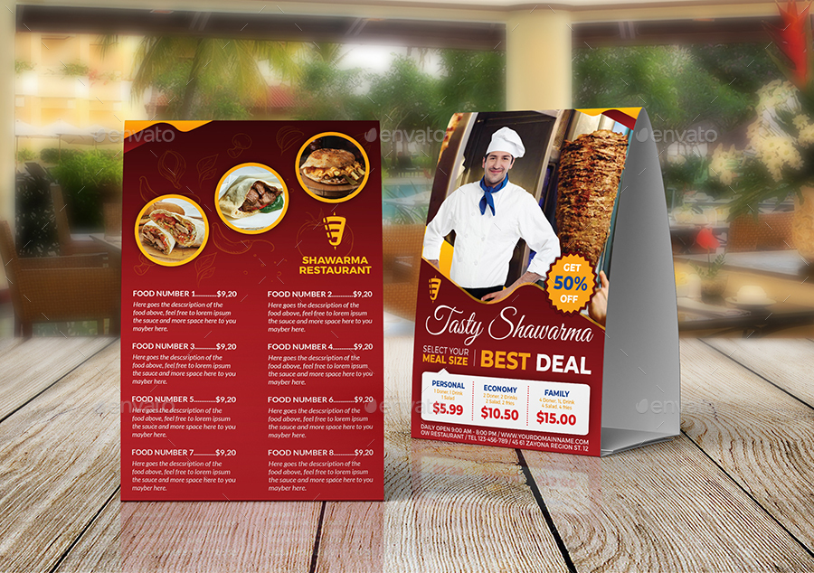 Shawarma Restaurant Table Tent - Food Menu Template, Print Templates