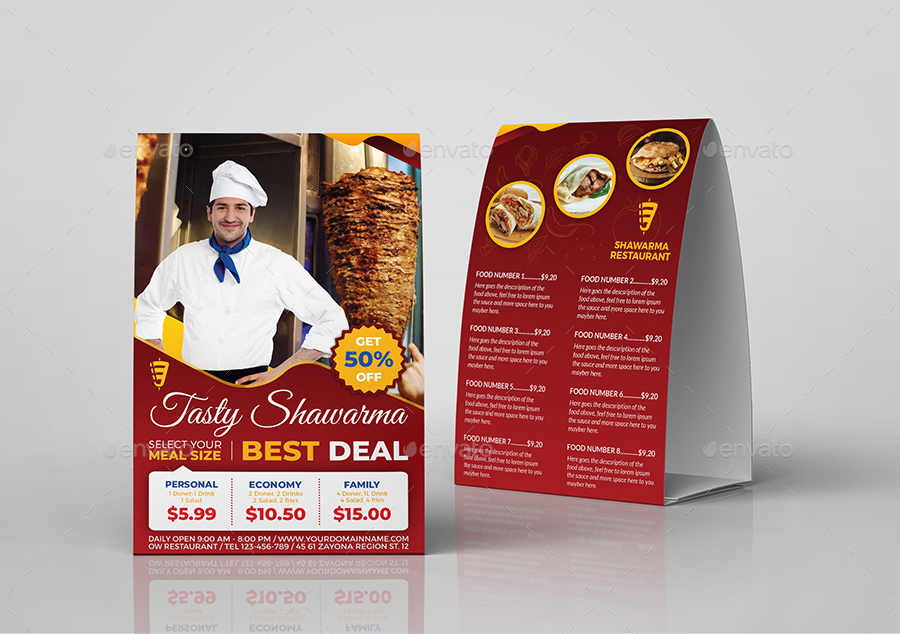 Shawarma Restaurant Table Tent - Food Menu Template, Print Templates