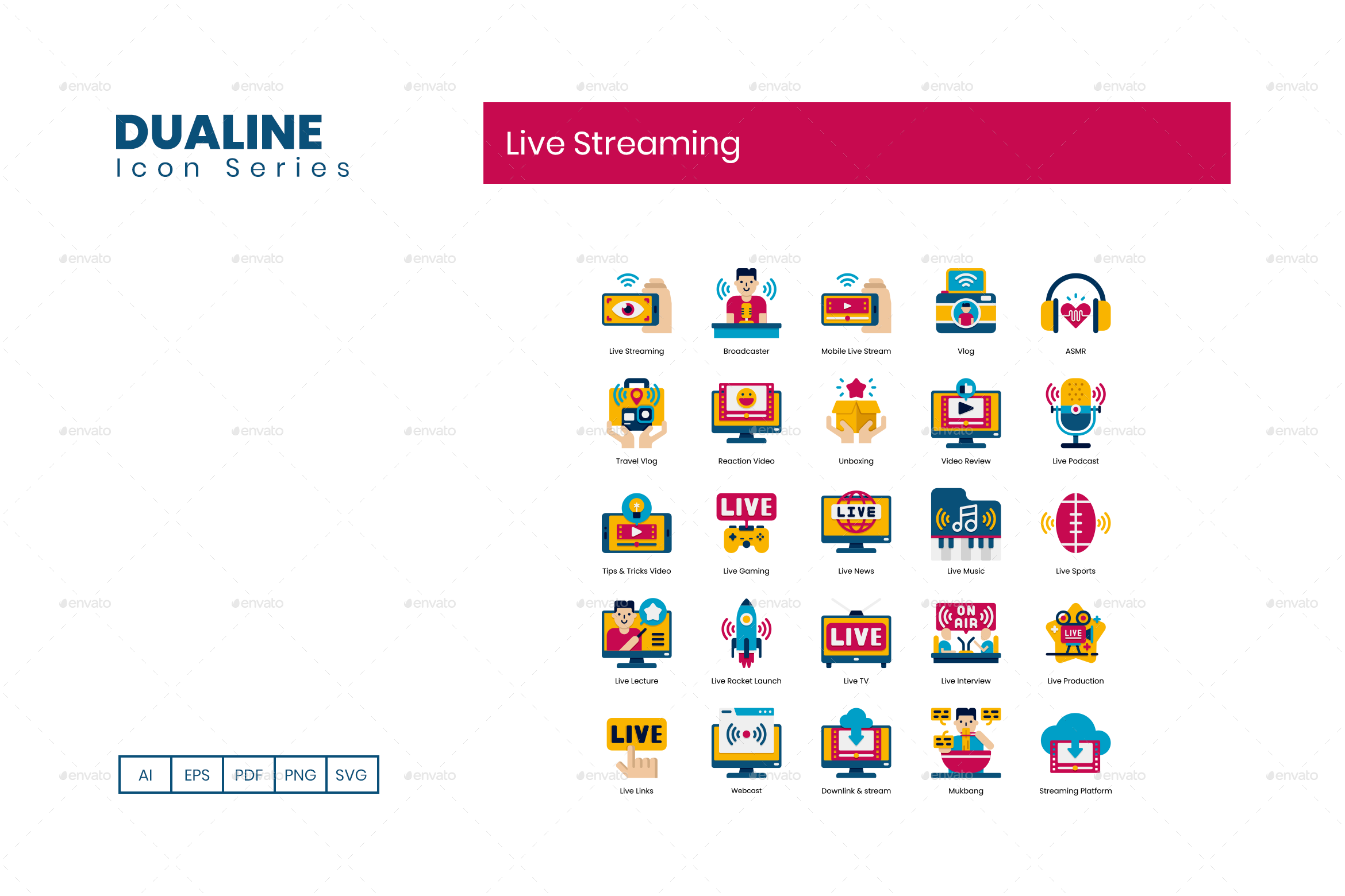 50 Live Streaming Icons | Dualine Flat Series, Icons | GraphicRiver