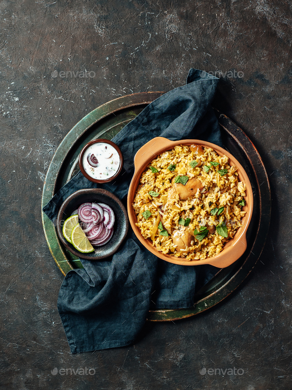 Pakistani chicken biryani rice, top view, vertical Stock Photo by Fasci