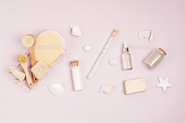 Eco friendly soap bar, brushes, cotton swabs, bath salt, clay mask and ...